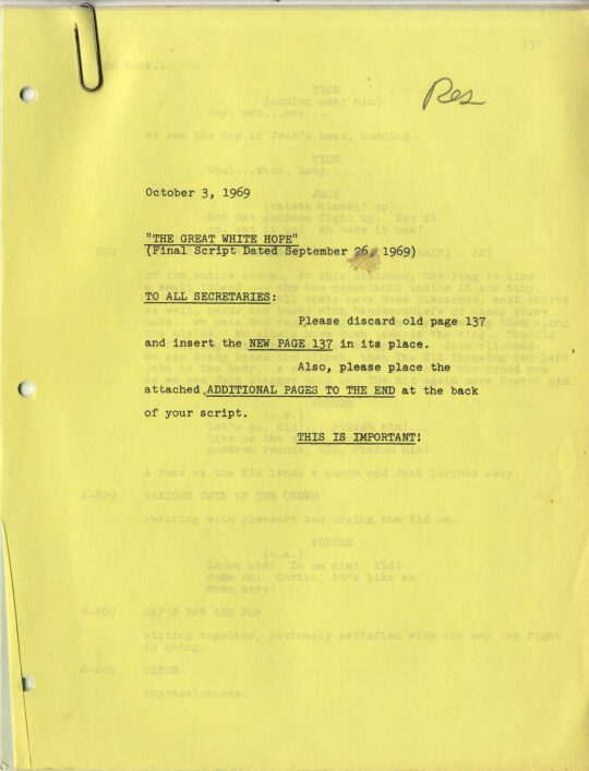 GREAT WHITE HOPE, THE (1970) Revised 1st Draft script dated May 12 ...